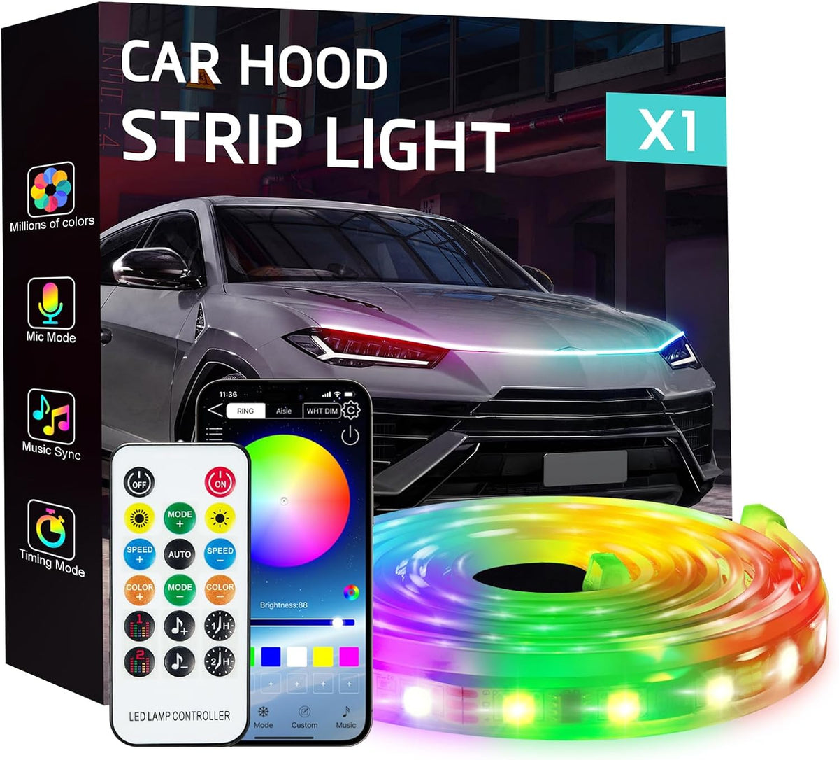 SCRWVESS Car LED Hood Light Strip with Bluetooth App and Remote Contro ...